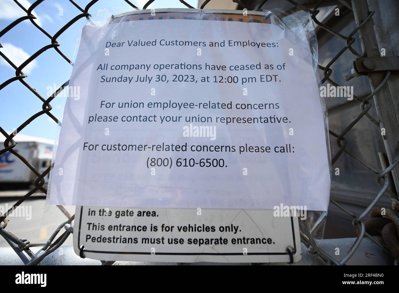 New York, USA. 31st July, 2023. A posted sign on the gate of Yellow ...