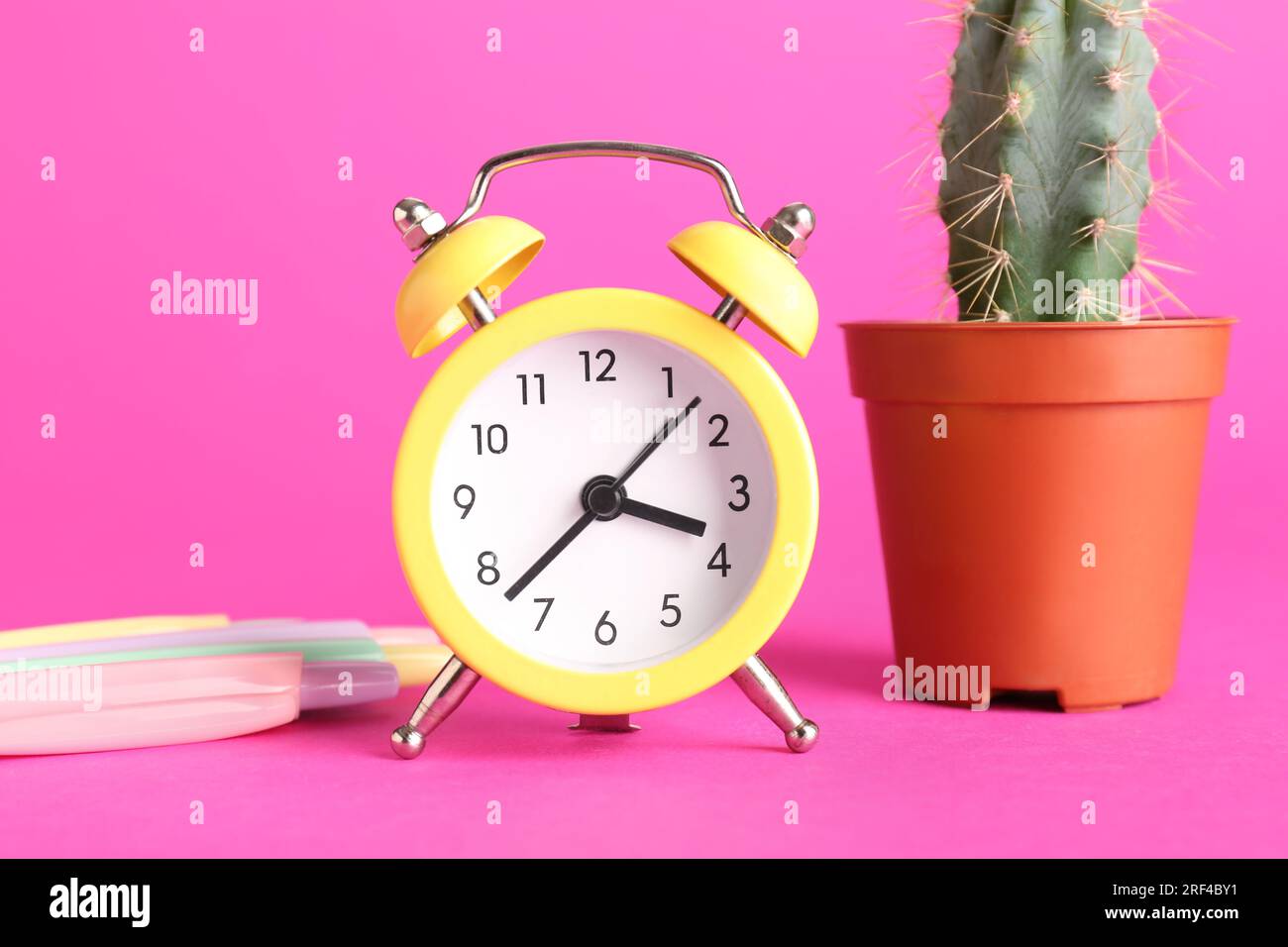 Alarm clock, pens and cactus on pink background Stock Photo - Alamy