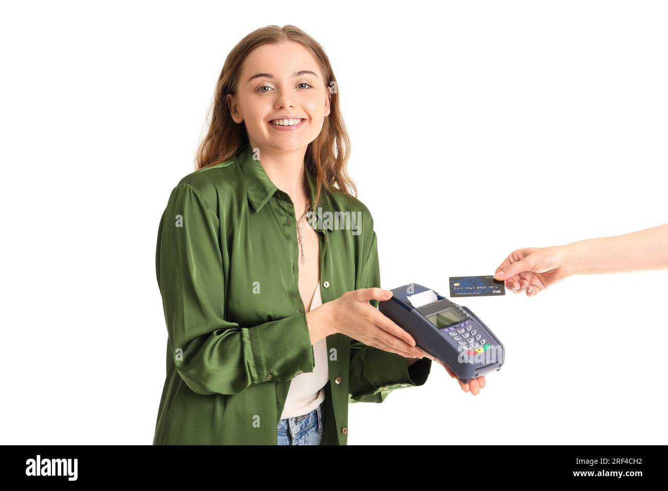 Female seller taking payment from customer on white background Stock Photo - Alamy