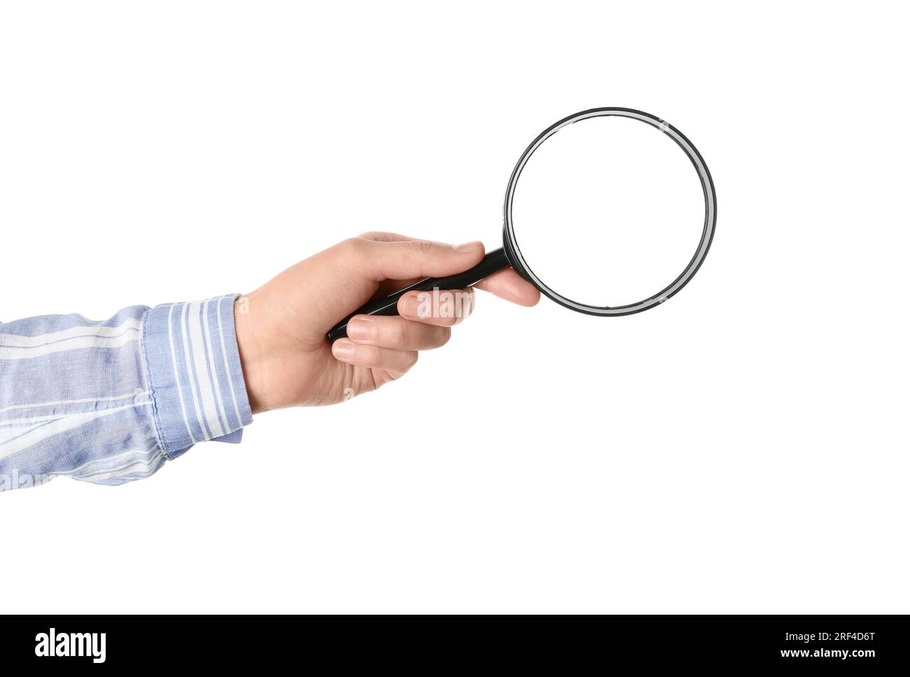 Female hand with magnifier isolated on white background Stock Photo - Alamy