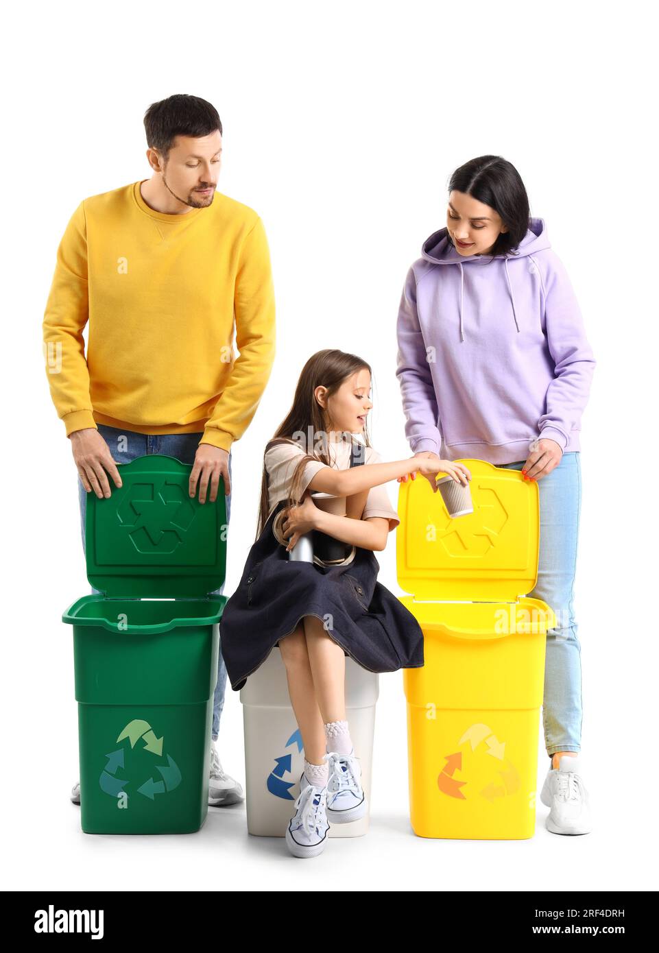 Family sorting garbage in recycle bins on white background Stock Photo ...