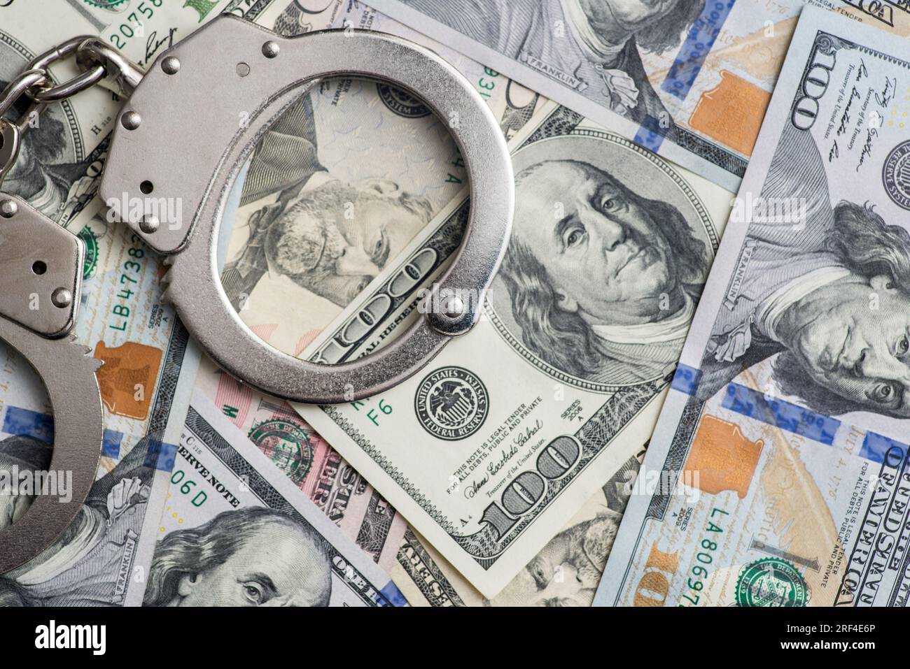 Dollar bills, money, dirty money financial crime and police handcuffs ...