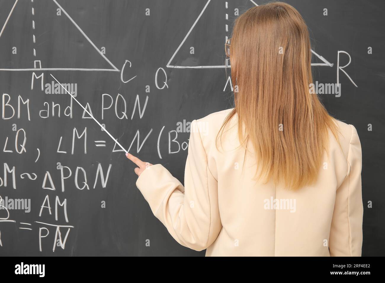 Young teacher with pointer near blackboard in classroom, back view ...
