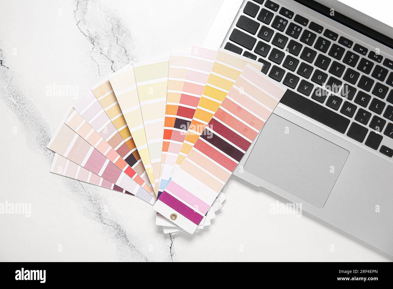 Many color palettes and laptop on light background, top view Stock ...