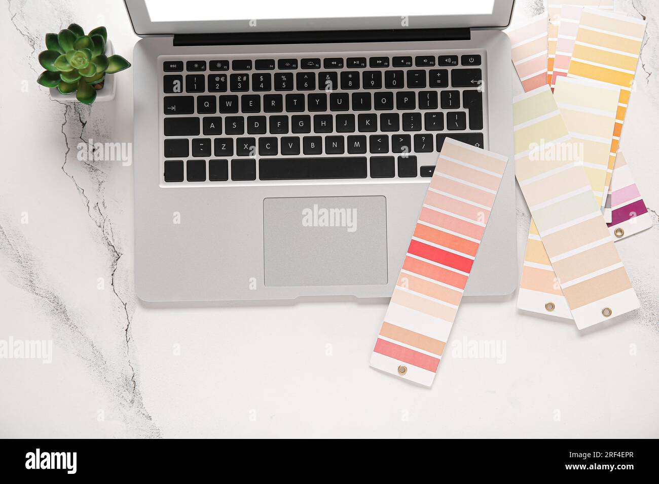Many color palettes and laptop on light background Stock Photo - Alamy