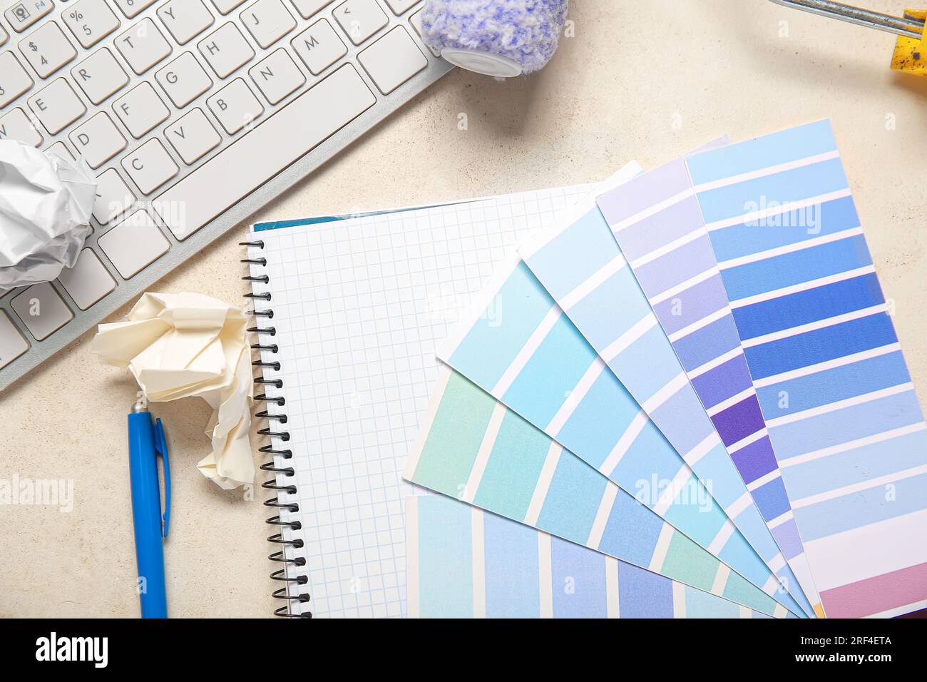 Color palettes, PC keyboard and notebook on light background Stock ...