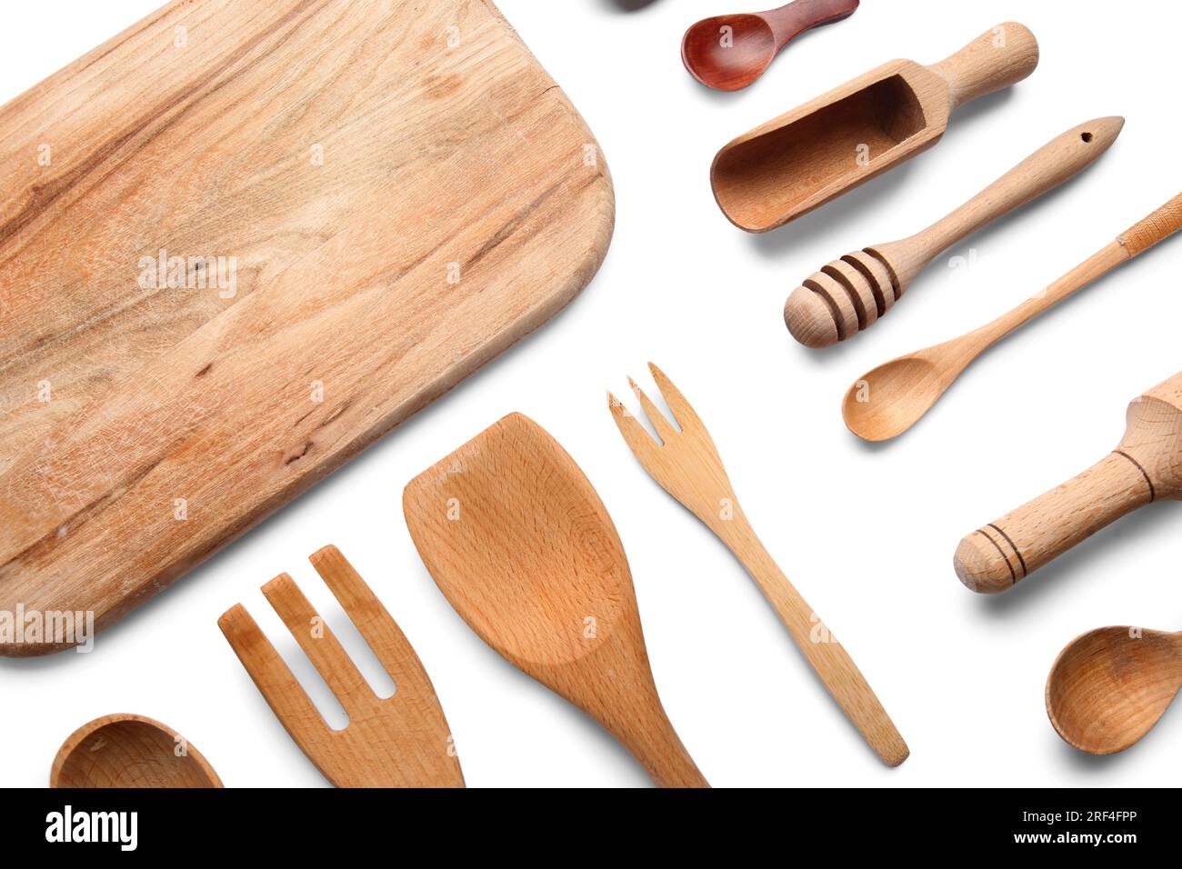 Composition with wooden kitchen utensils on white background Stock ...