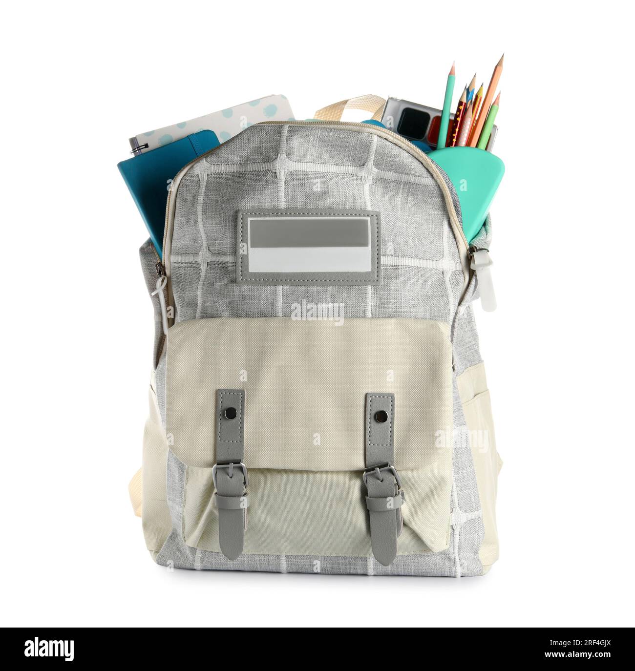 Grey school backpack with notebooks and pencils on white background ...