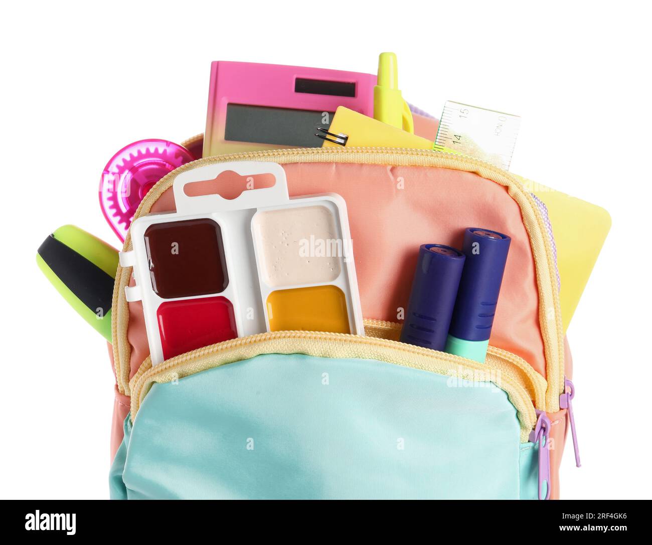 Colorful school backpack with calculator and watercolors on white ...