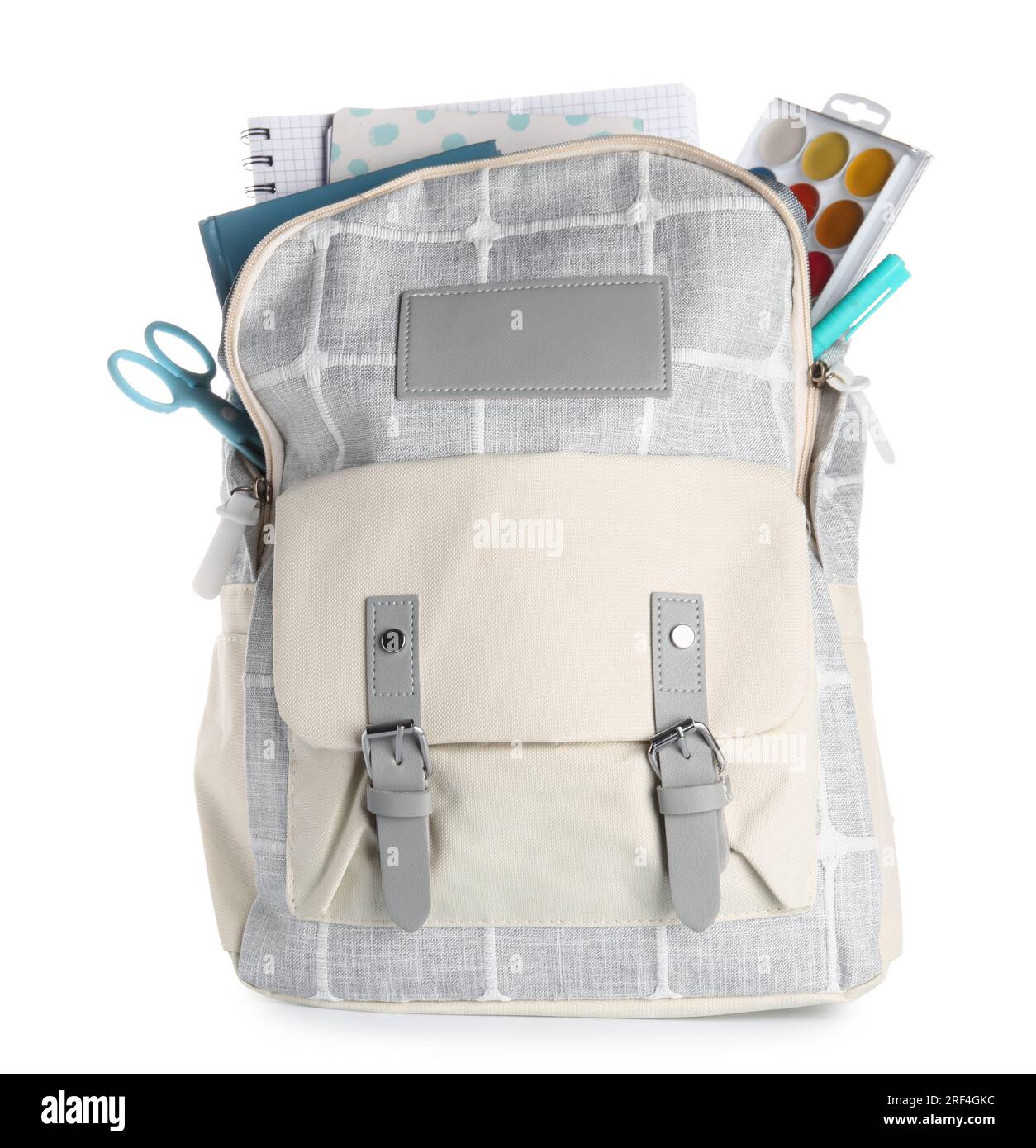 Grey school backpack with notebooks and watercolors on white background ...