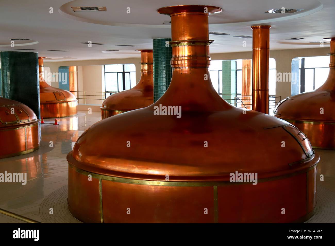 Vintage copper kettle in brewery. Traditional copper distillery tanks ...