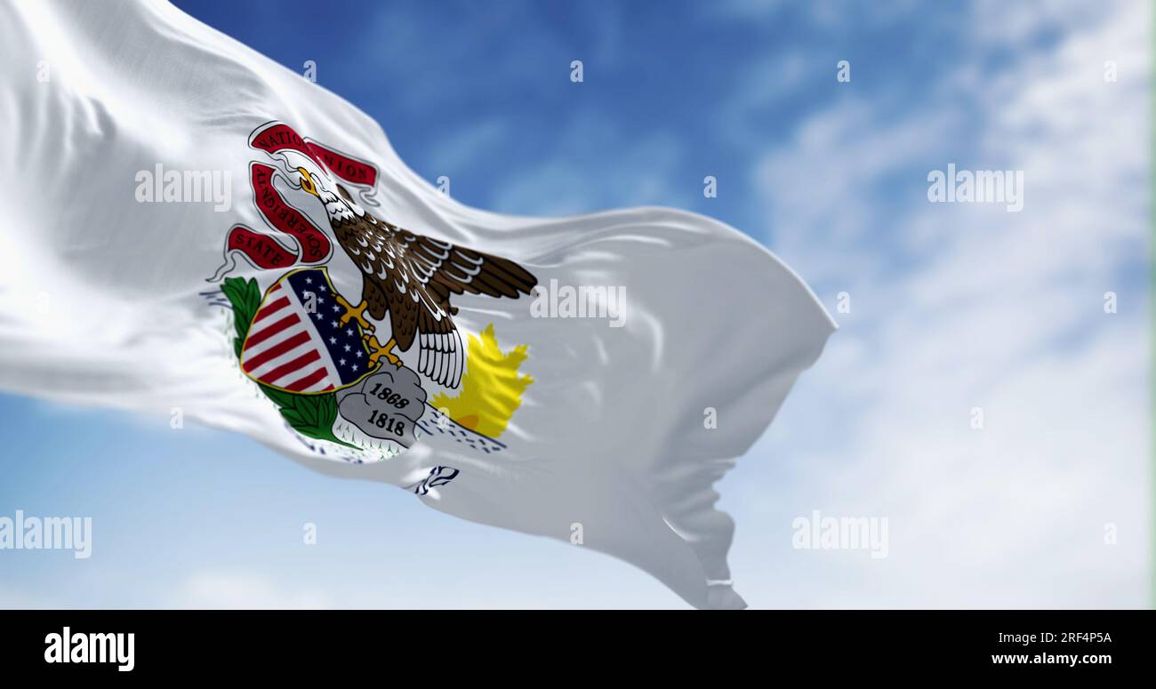 Illinois state flag waving in the wind. White field with Illinois seal ...
