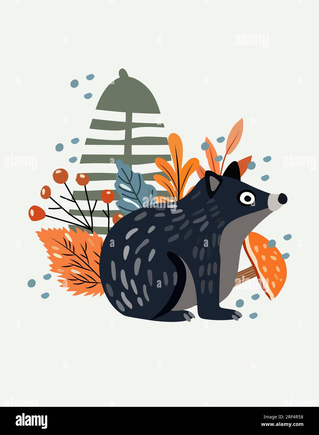 Cute forest adorable mole with wild berries and leaves. Woodland ...