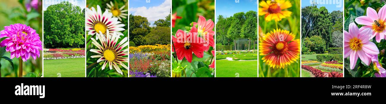 Gardens with beautiful flower beds and lawns. Panoramic collage. Wide ...