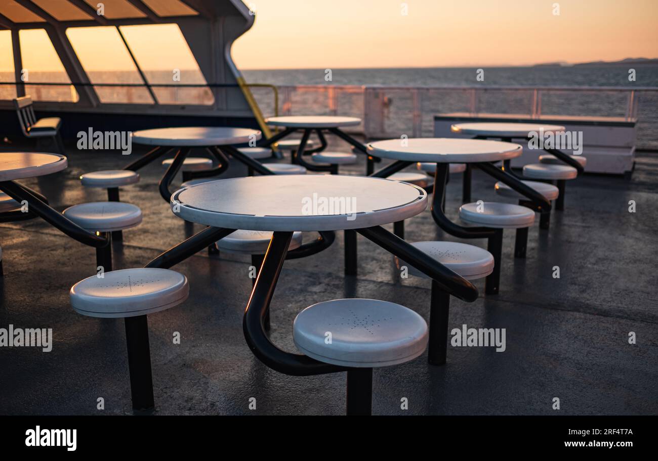 Interior of the ferry. Ferry furniture. Empty seats without passengers ...