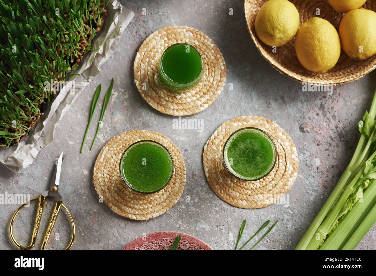 Glasses of fresh barley grass juice with homegrown barleygrass blades ...