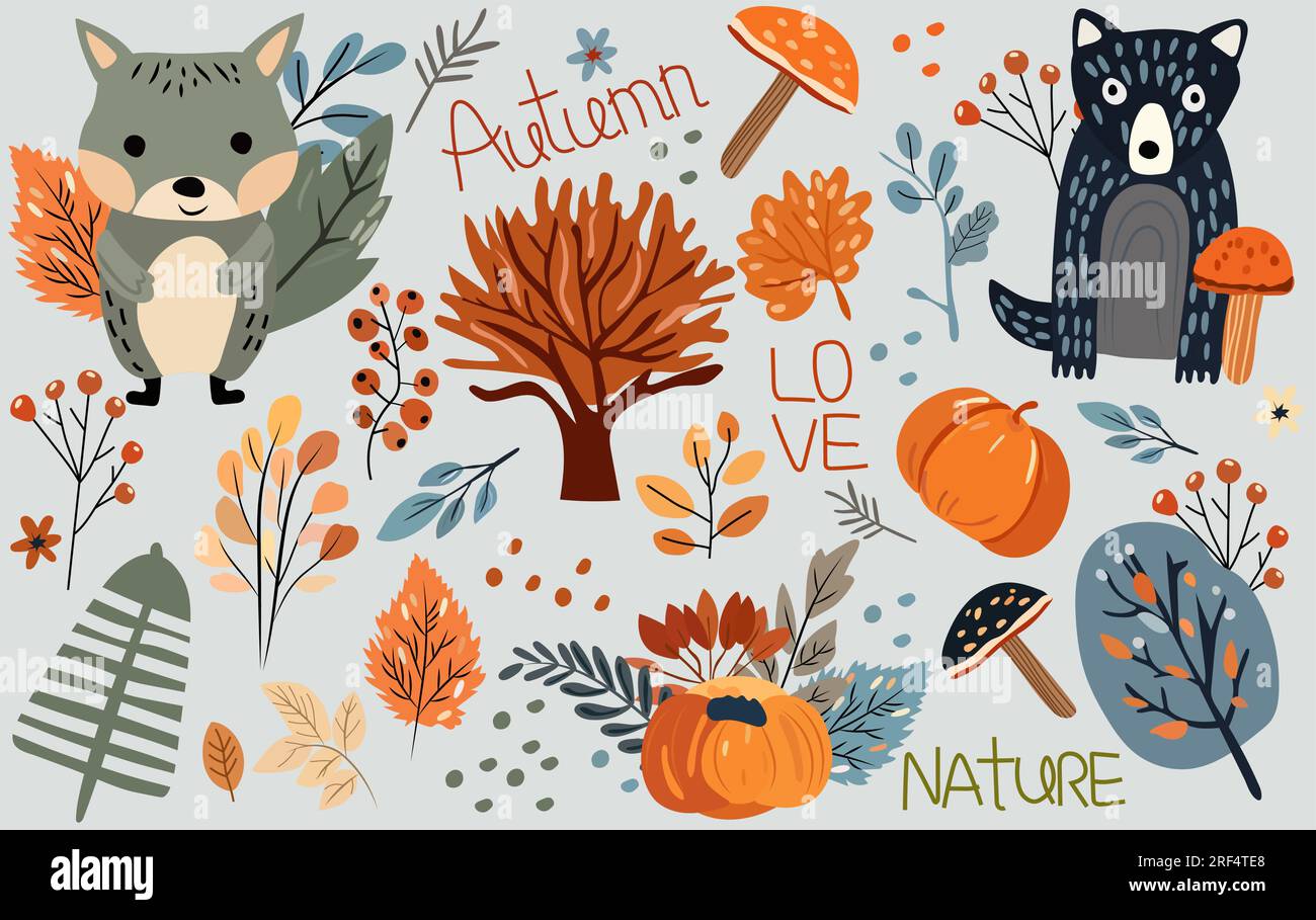Seasonal autumn banner, with wildlife, veggies, trees, leafage and cute ...