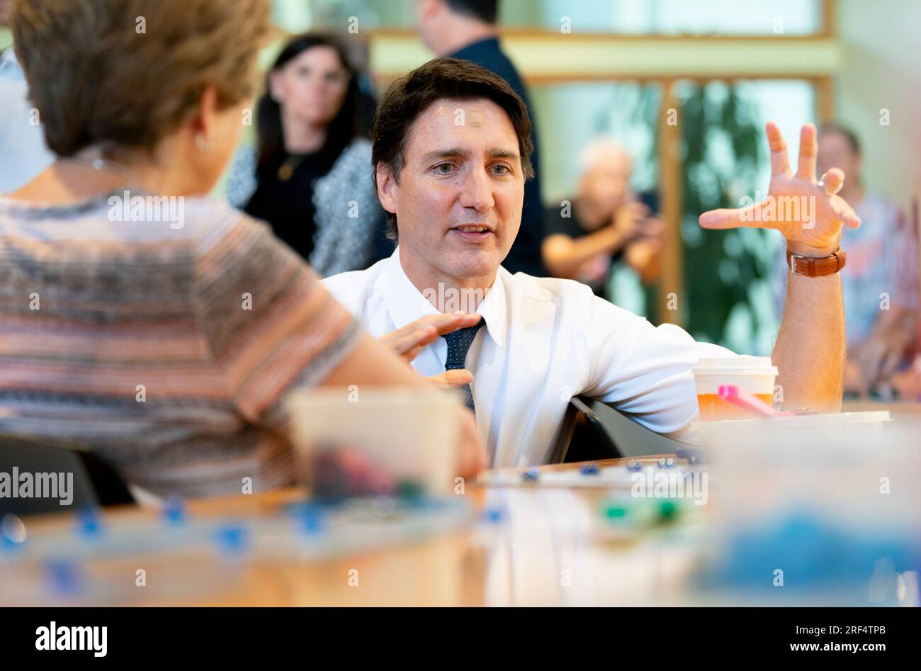 Hamilton, Can. 31st July, 2023. Prime Minister Justin Trudeau chats ...