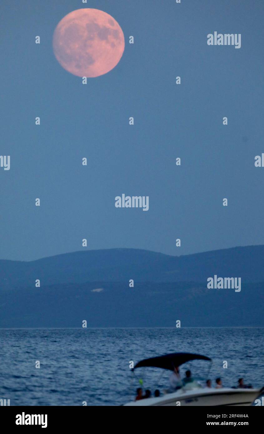 Split, Croatia. 31st July, 2023. Photo of a moon at over 98% full. The ...