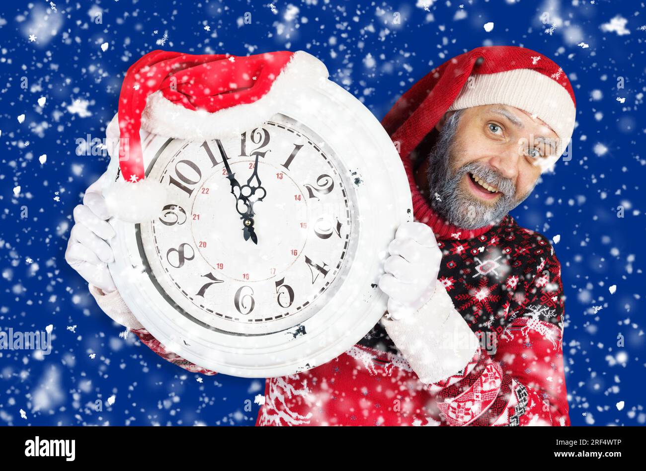 Santa Claus holds a clock in his hands, on which there are 5 minutes ...