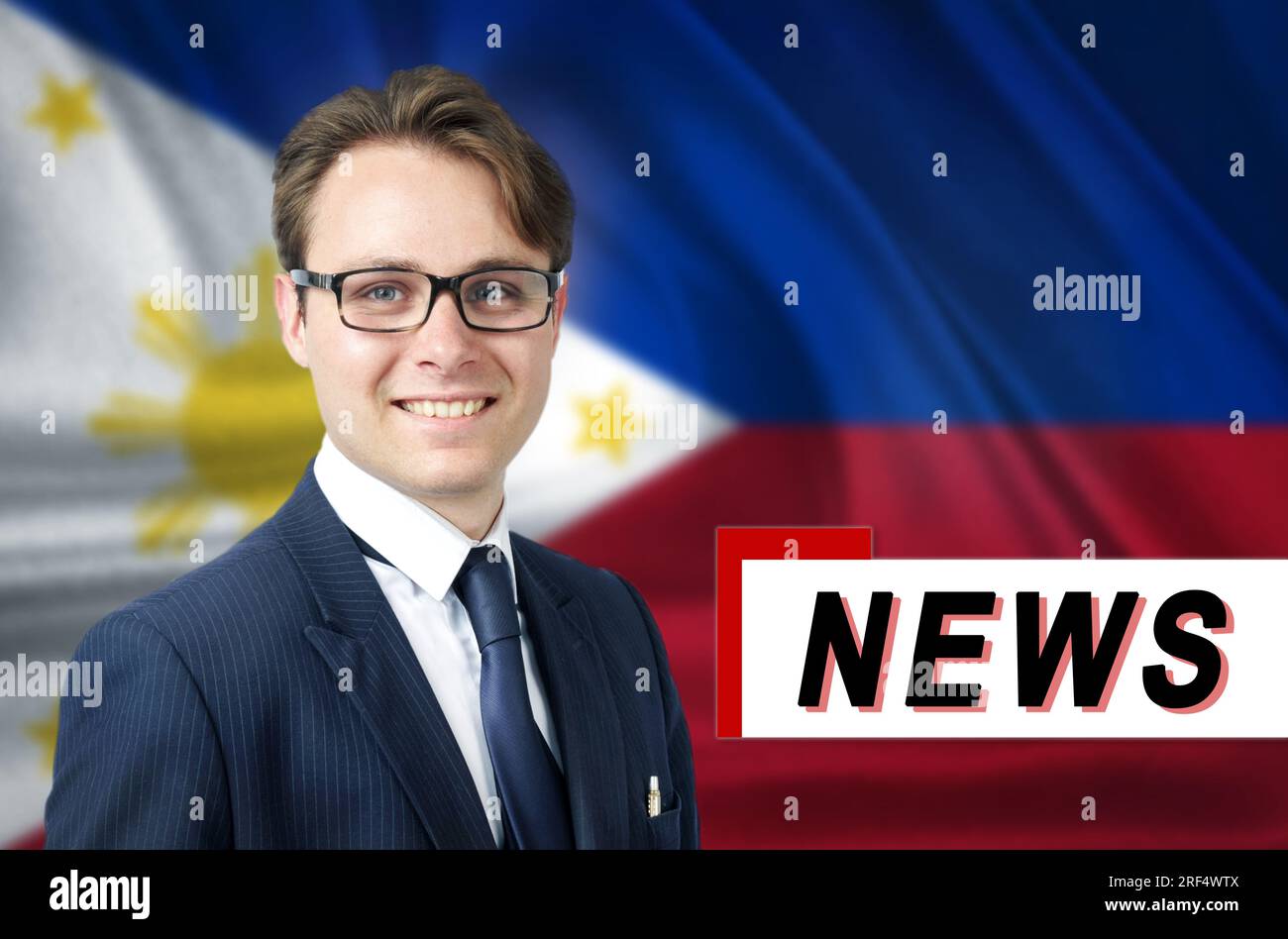 News anchor, tells the latest news, smiling, against the background of ...