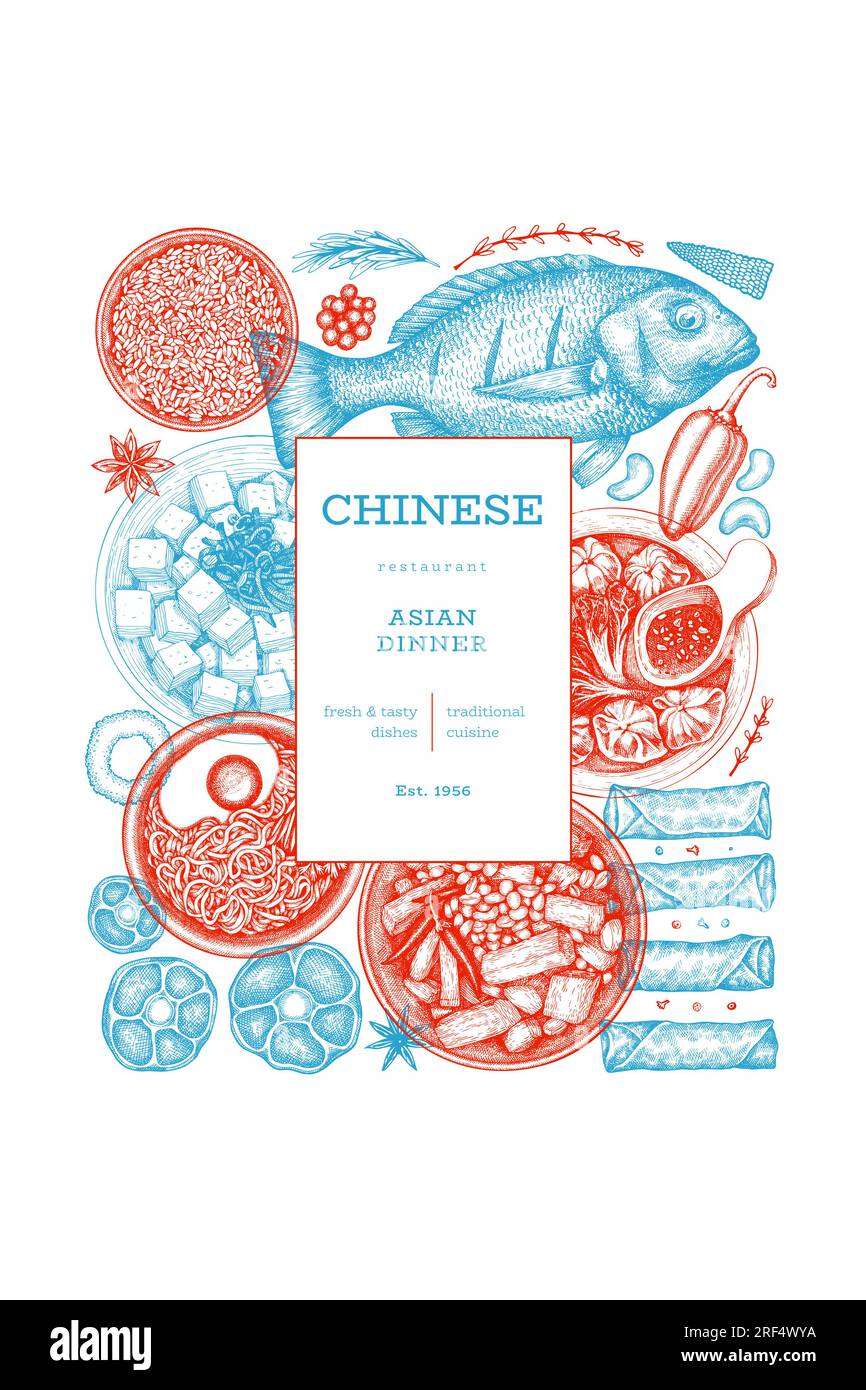 Chinese Cuisine Design Template. Vector Hand Drawn Asian Food Banner ...