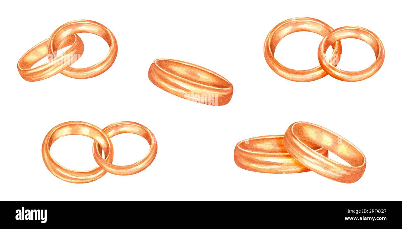 Set of gold wedding rings. Pair of golden engagement rings. Marriage ...