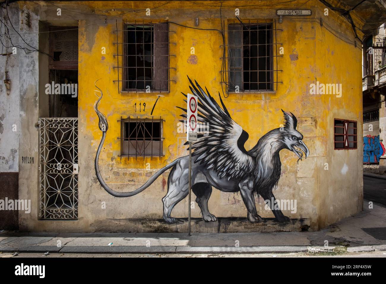 Havana, Cuba, July 2019, mural of a Griffin by the artist Mateus Bailon ...