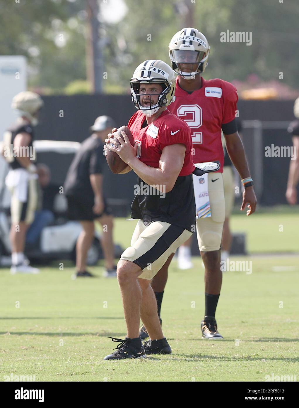 Metairie, USA. 31st July, 2023. Quarterback Derek Carr (4) sets up to ...