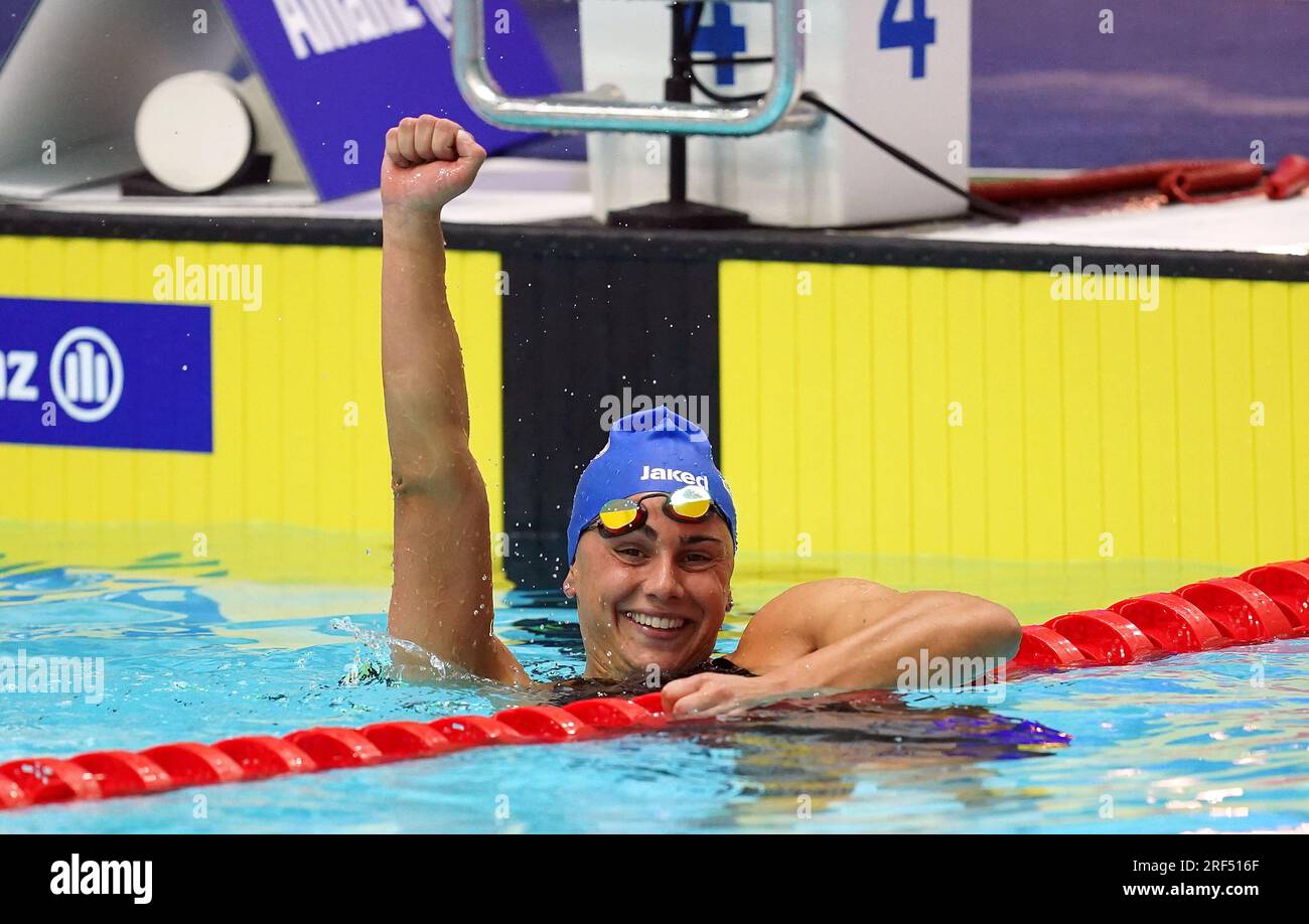 Italy’s Giulia Ghiretti celebrates after winning the Women's 100m ...
