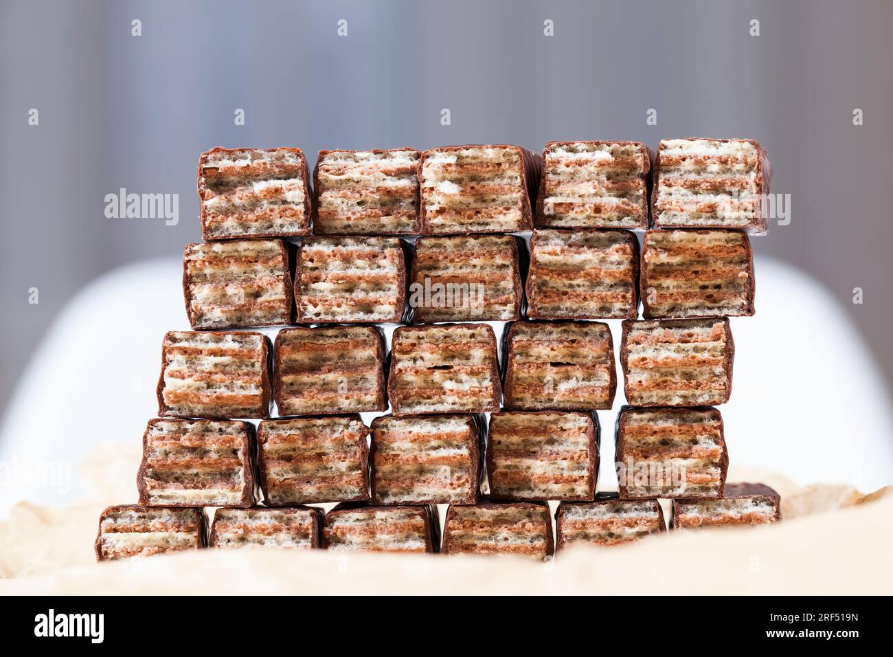 cocoa candies with waffles, close up of chocolates and crunchy flour ...