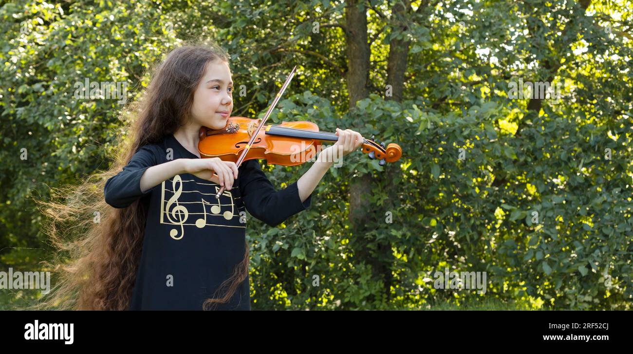 Banner Real Little Smiling Beautiful Girl Plays On Violin, Musical ...