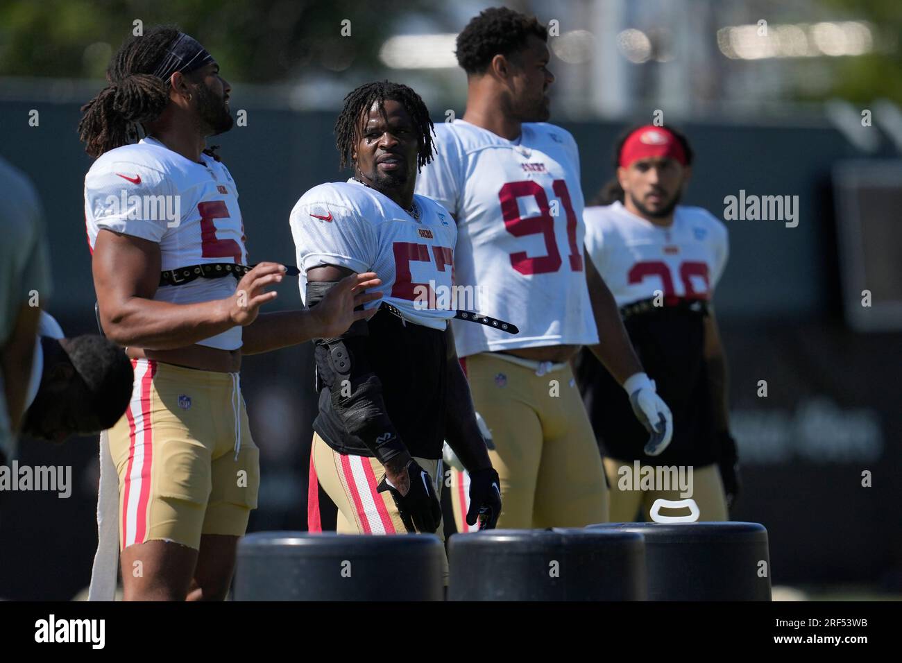 San Francisco 49ers' Fred Warner, from left, Dre Greenlaw, Arik Armstead and Talanoa Hufanga ...
