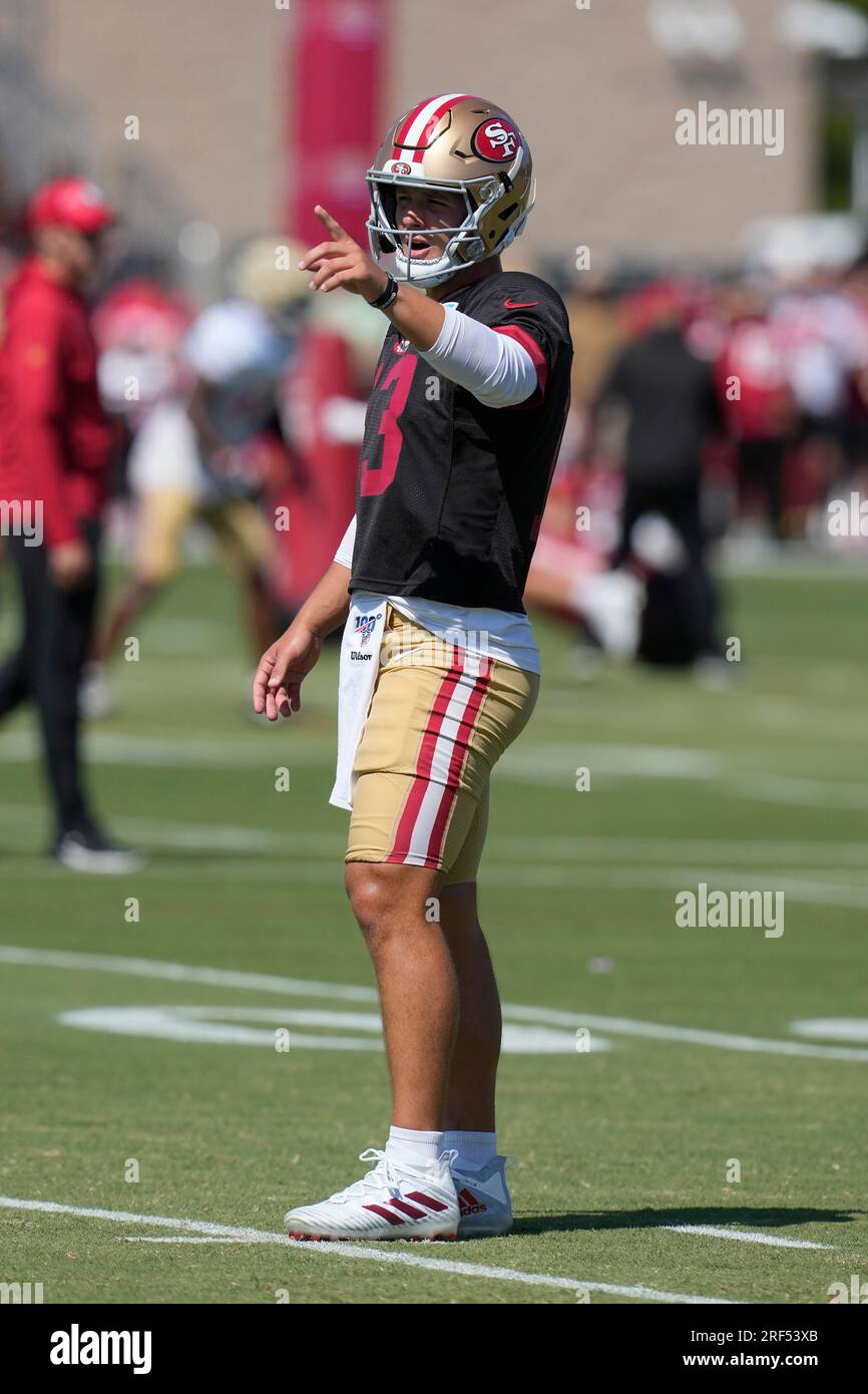 San Francisco 49ers quarterback Brock Purdy takes part in drills during ...