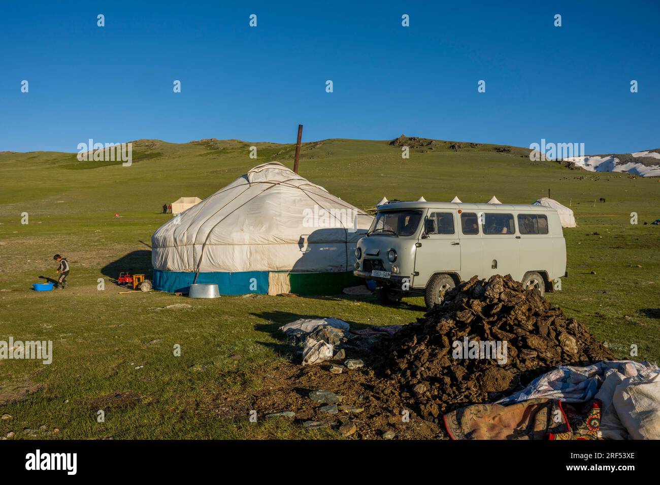 A ger of a herder with a Russian UAZ-452 4×4 off-road van in a remote ...