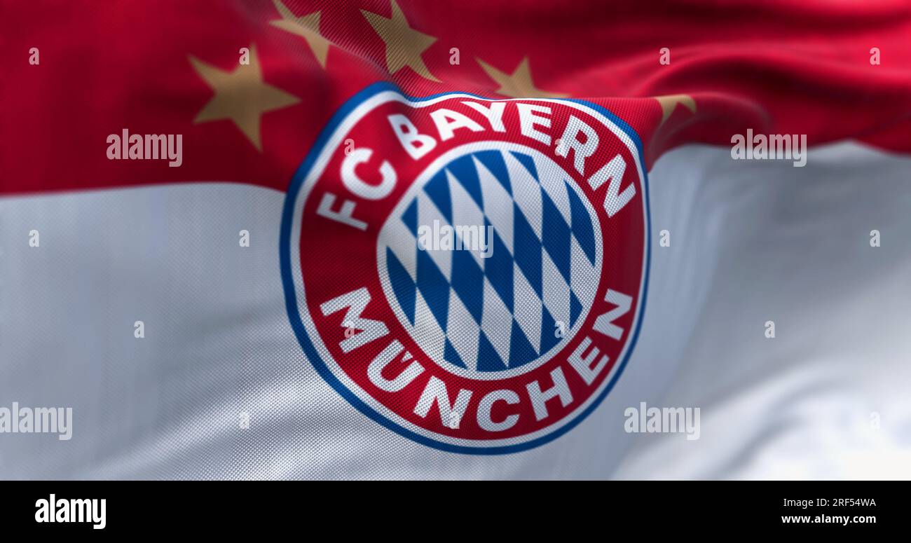 Munich, DE, June 30 2023: Close-up of Bayern Munich flag waving. German ...