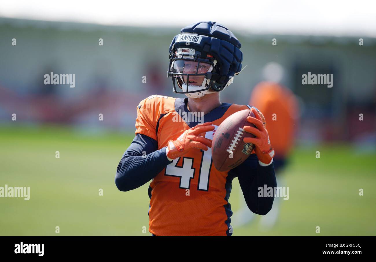 Denver Broncos linebacker Drew Sanders takes part in drills during an ...