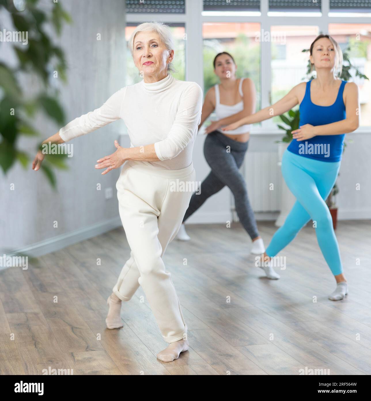 Happy women practicing aerobics in light fitness studio Stock Photo - Alamy