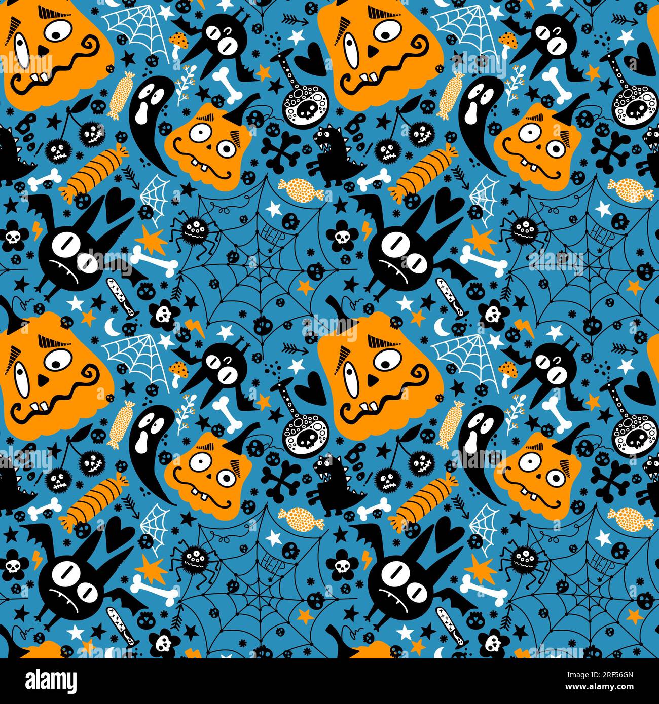 Halloween cartoon pumpkins seamless bat and ghost and candy and web ...