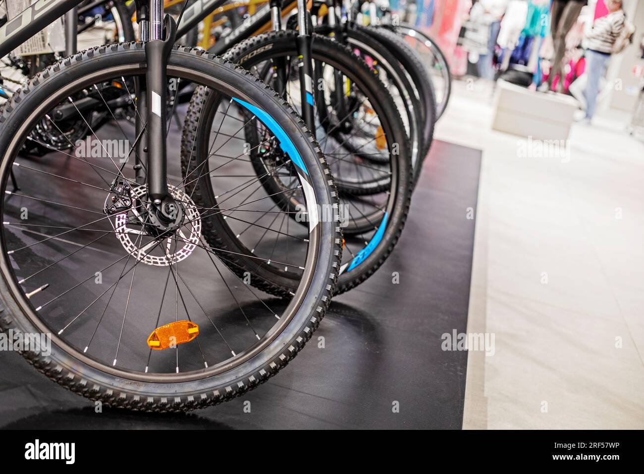 sports universal bikes in a sports shop lined up in a row Stock Photo ...