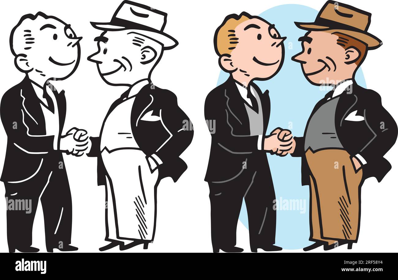 A vintage retro cartoon of two businessmen shaking hands and making a ...