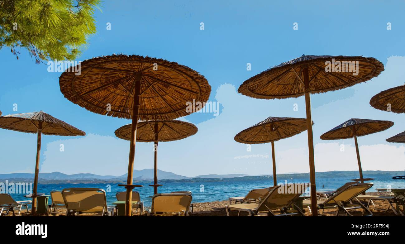 Idyllic view on Straw awning on the beach on Greek Island - fantastic ...