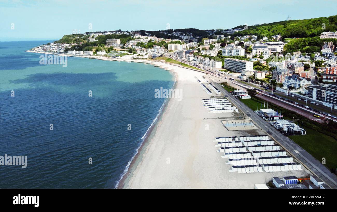 Drone view on amazing large sand beach (Plage) in Le Havre early ar ...