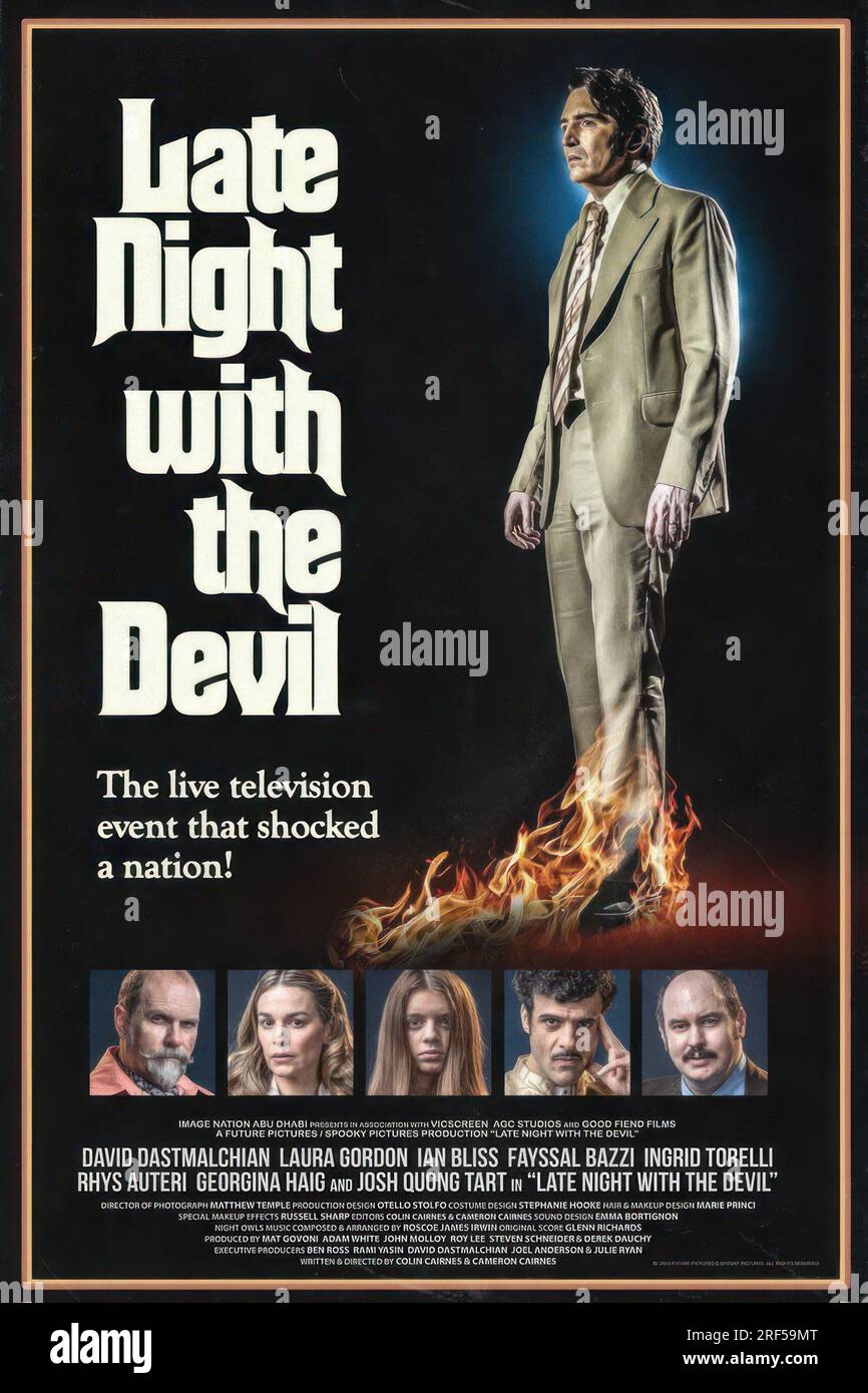 LATE NIGHT WITH THE DEVIL, poster, top: David Dastmalchian, bottom, from left: Ian Bliss, Laura ...