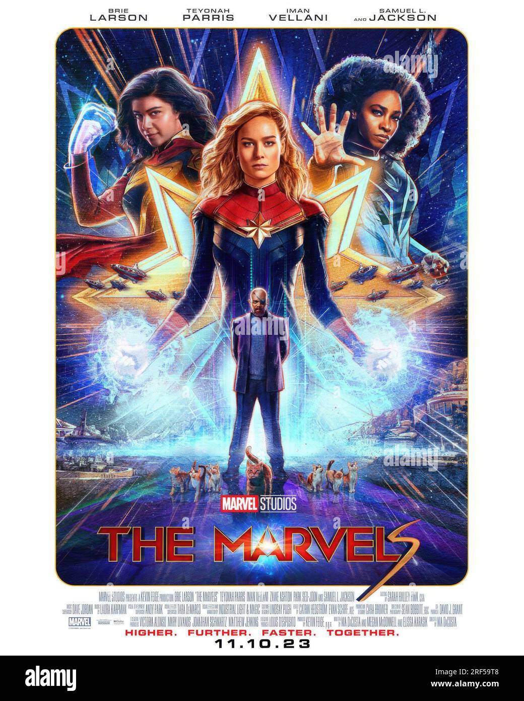 THE MARVELS, advance poster, top from left: Iman Vellani as Ms. Marvel, Brie Larson as Captain ...