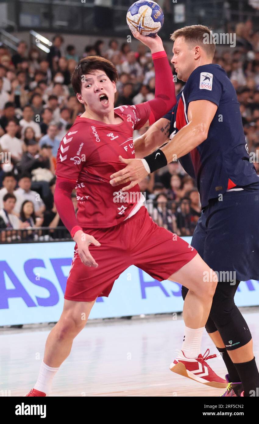 Tokyo, Japan. 31st July, 2023. Japan's Zeekstar Tsubasa Nakamura shoots the ball at a handball ...
