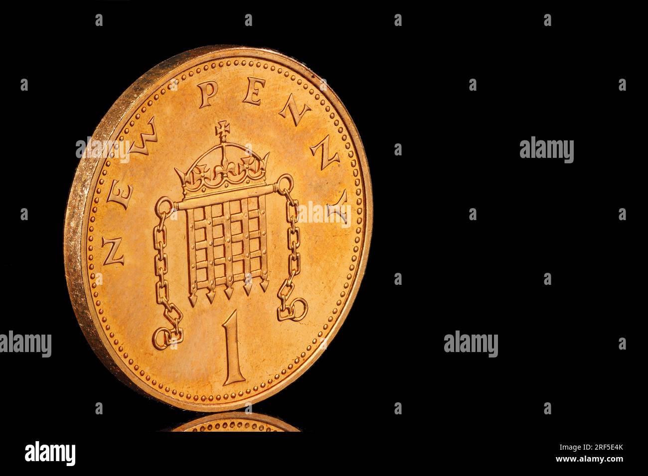 United Kingdom One Pence coin showing a Crowned Porticulis and Chains ...