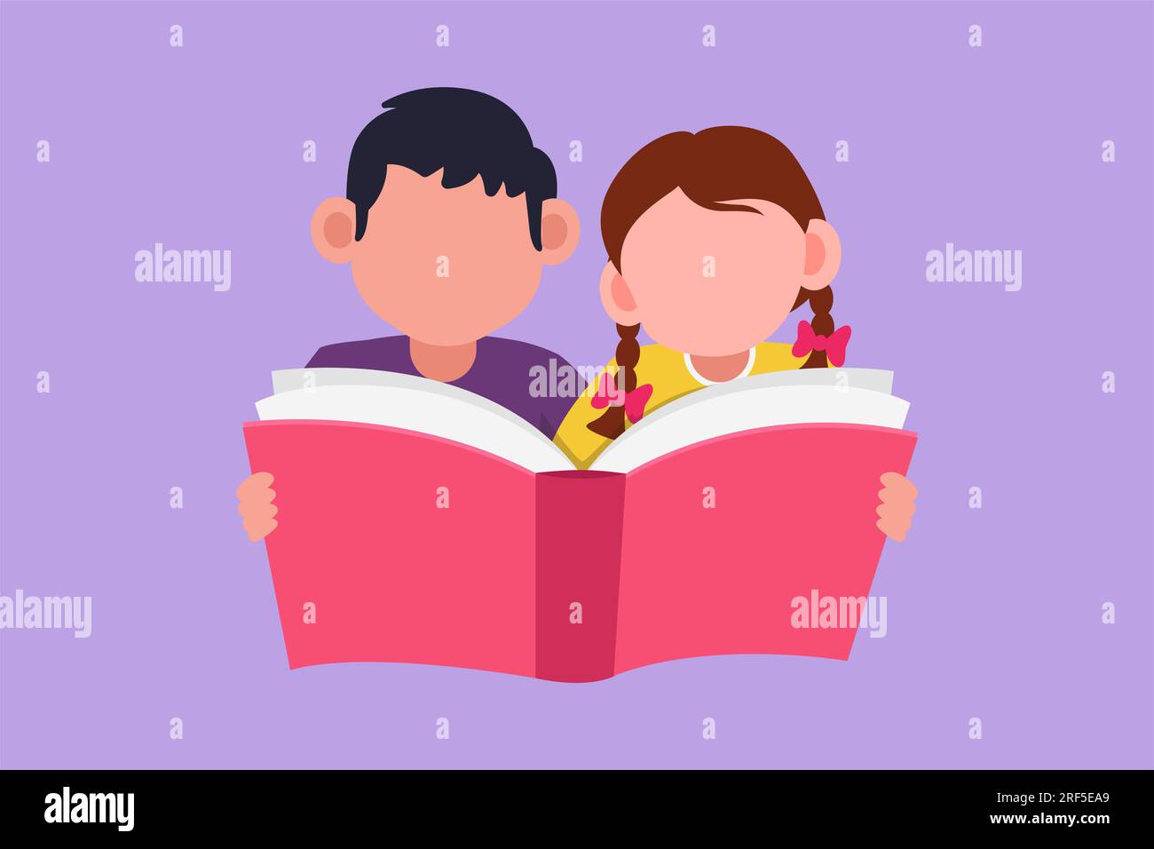 Cartoon flat style drawing kids, boy and girls reading book on table ...