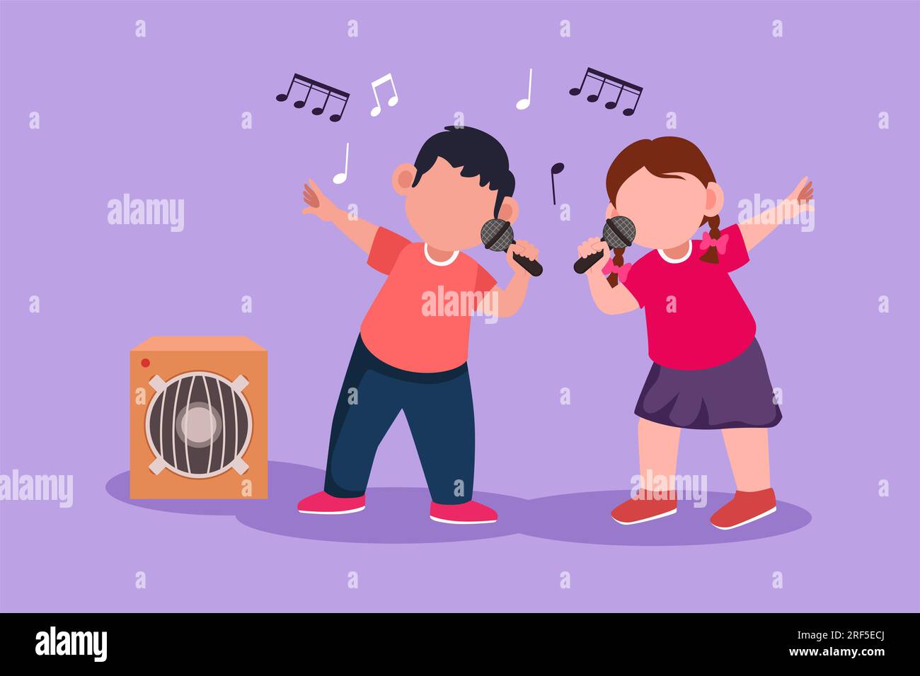 Cartoon flat style drawing happy little boy and girl sing song at ...