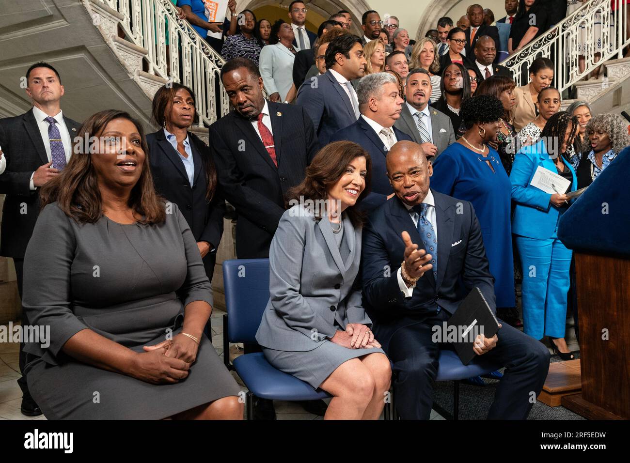 Attorney General Letitia James, Governor Kathy Hochul and Mayor Eric ...